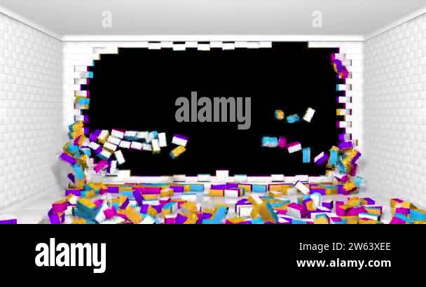 Wall explodes, scattering colored bricks across the floor of room with white brick walls. Camera ...