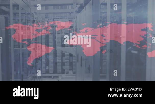 Multiple changing numbers over world map against empty server room. global networking and cyber ...