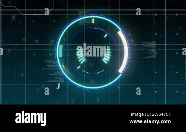 Animation of circular scope scanning with a grid and information on black. communication ...