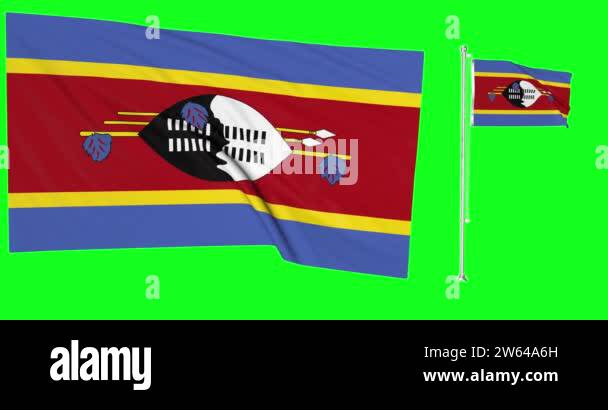 Green screen Eswatini two flags waving Swaziland flagpole animation 3d ...