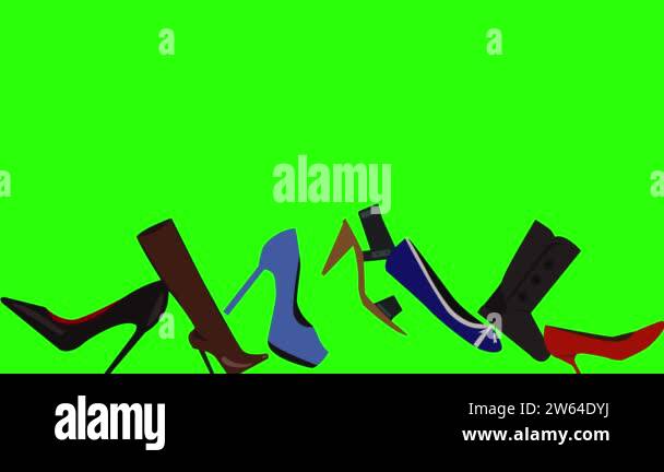 Animation of women shoes group elements on green screen chroma key ...