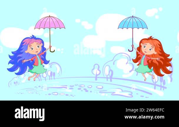 A girl with blue and red hair flies with an umbrella, waving her arms ...