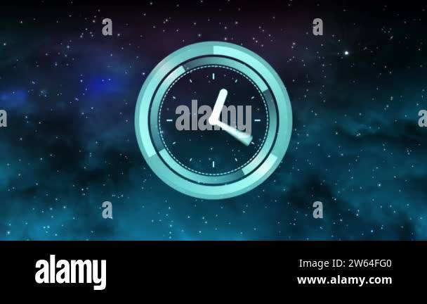 Animation of clock with moving hands over glowing stars on black ...