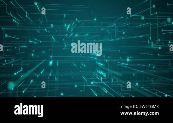 Abstract tech 3D circuit board styled background with fast moving digital data transfer and ...