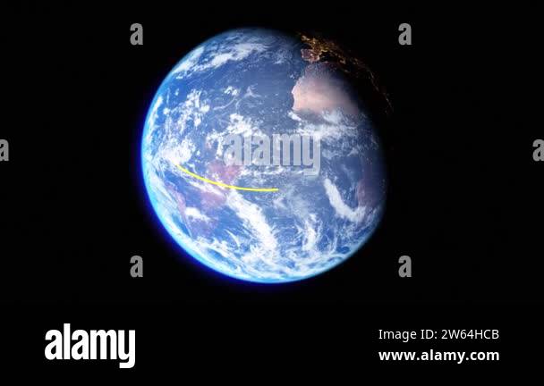 Planet Earth route path mark trace globe in space sky night animation ...