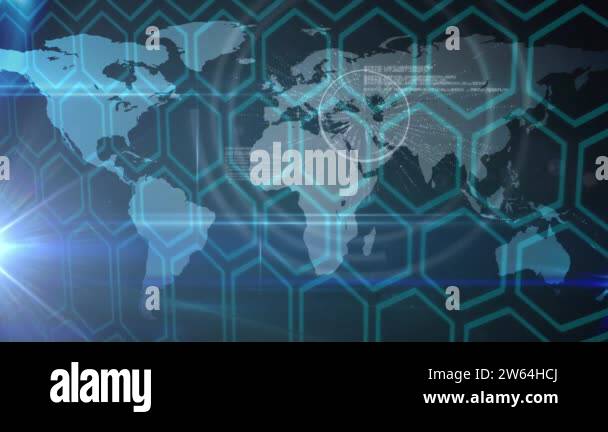 Animation of scope scanning and data processing over network of people icons over world map ...