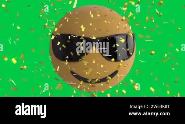 Animation of confetti falling over smiling sunglasses emoji emoticon icon over green screen ...