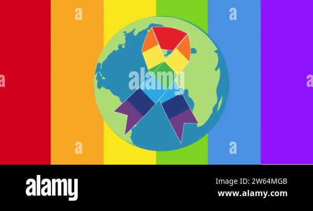 Animation of rainbow ribbon over globe on rainbow background. lgbt ...