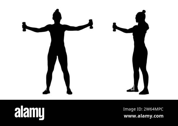 Black silhouette of young woman does exercises with dumbbells. Hand ...