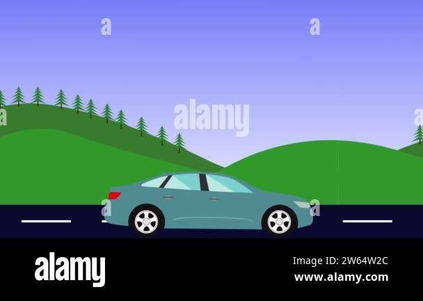 Nature landscape animation of hills ,running car on the road, flat ...
