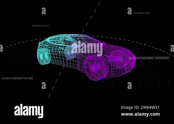 Animation of falling shapes over 3d car drawing spinning on black ...