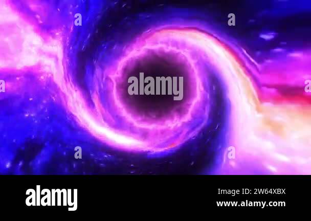 Abstract 4K 3D CGI purple glow black hole with nebula gas cloud in space. Loop space flight ...