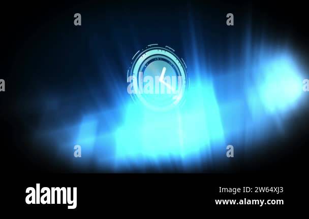 Neon digital clock ticking over blue glowing abstract shapes against ...