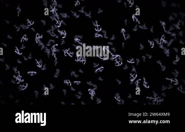 Flying many anchors on black background. Ship and boat anchor. Marine icon. 3D loop animation of ...