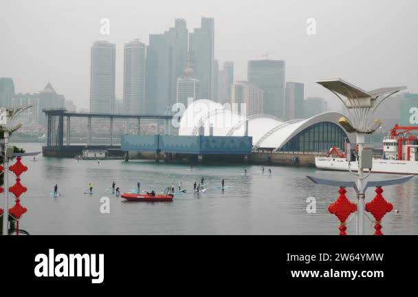 day time qingdao city famous olympic bay dock downtown bay panorama 4k ...