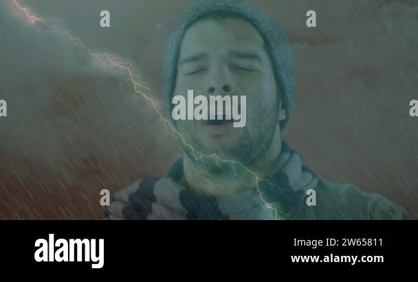 Animation of sick caucasian man sneezing and using tissue with storm ...