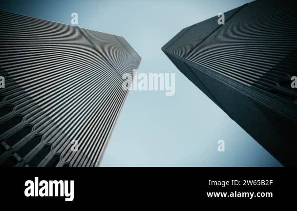Low angle of World Trade Center towers. CG animation of twin towers of ...