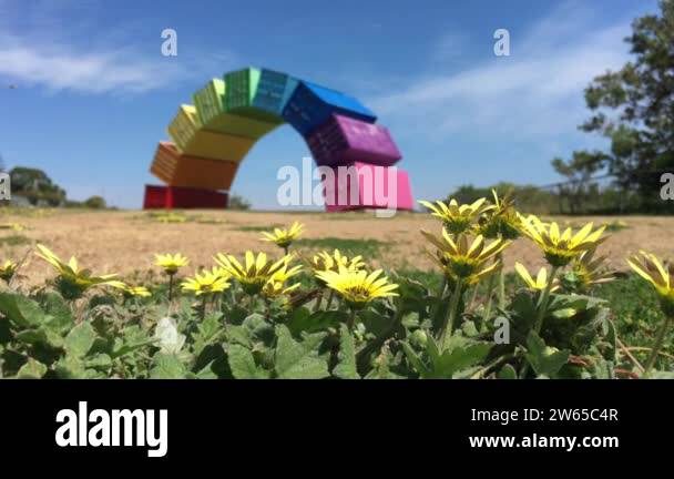 FREMANTLE, WA - OCT 10 2021:Rainbow Sea Container Art on beach reserve ...