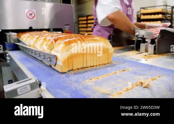 Loafs of bread in a bakery on an automated conveyor belt. Bread ...