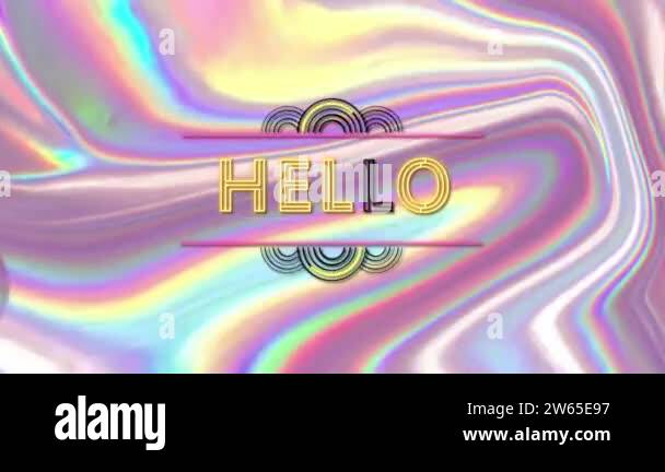 Digital animation of neon hello text against metallic shiny liquid ...