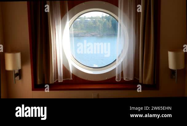 Ship Cabin With Bed And Window With View On Sea. Luxury Cabin On Ferry ...