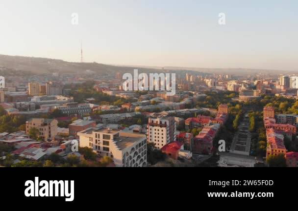 Revealing side aerial view old erebuni fortress building ruins and wall in capital Yerevan ...