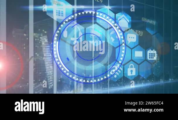 Animation of scope scanning over hexagon digital icons. Digital ...