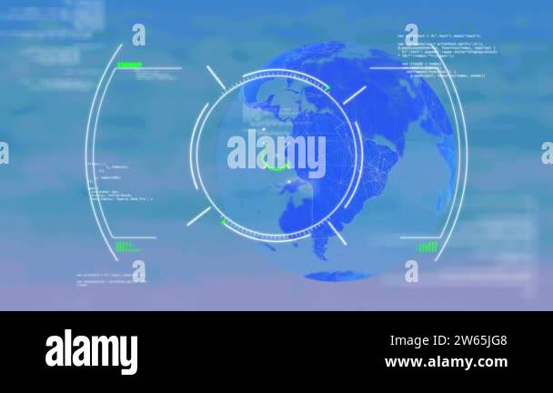 Animation of globe and scan scoping over data processing. global network, connections ...