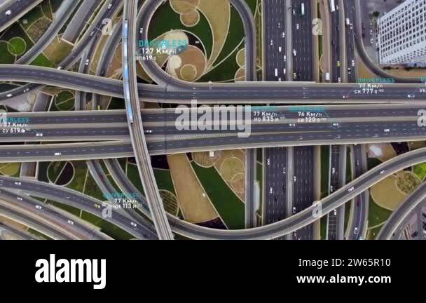 Concept of aerial view from above of traffic on elevated expressway with futuristic autonomous ...
