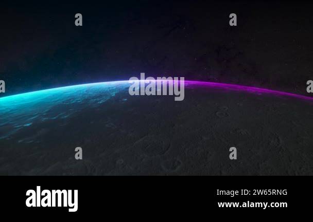 Fantastic neon sunrise on the moon from space. The rotation of the moon ...