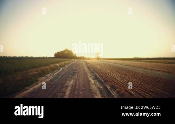 Dirt road at sunrise. The camera moves along a country road between ...