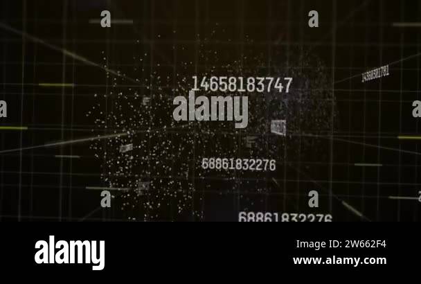Digital animation of multiple changing numbers floating against dna structure spinning on black ...