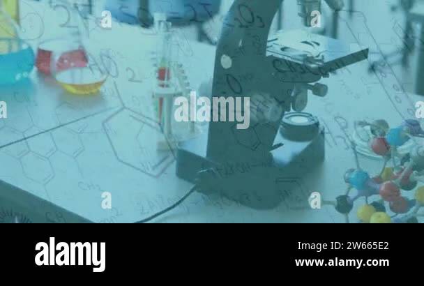 Animation of chemistry data and drawings over test tubes and beakers ...