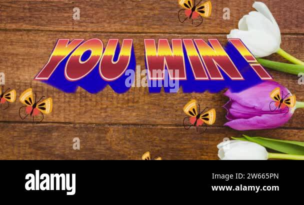 Animation of you win text in red and blue letters over butterflies and ...