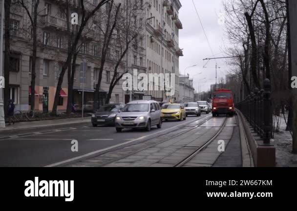 Moscow Russia - April 01 2021: Traffic in the historic center of Moscow ...