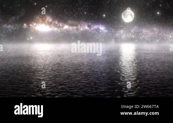 Night Sky Full Moon Milky Way Galaxy Stars Reflection On Calm Water ...
