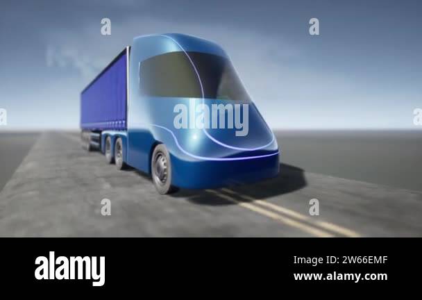 Self-driving electric semi truck driving on highway. 3D rendering ...