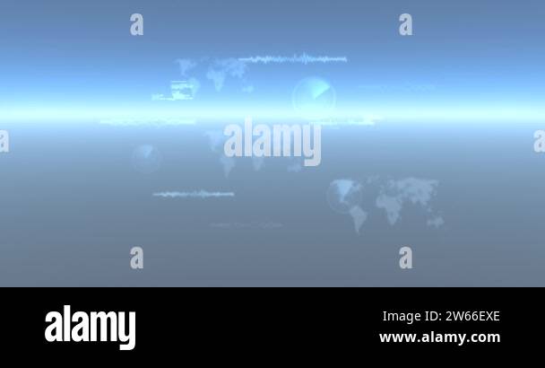 Animation of data processing, world maps and scopes scanning over glowing blue background ...