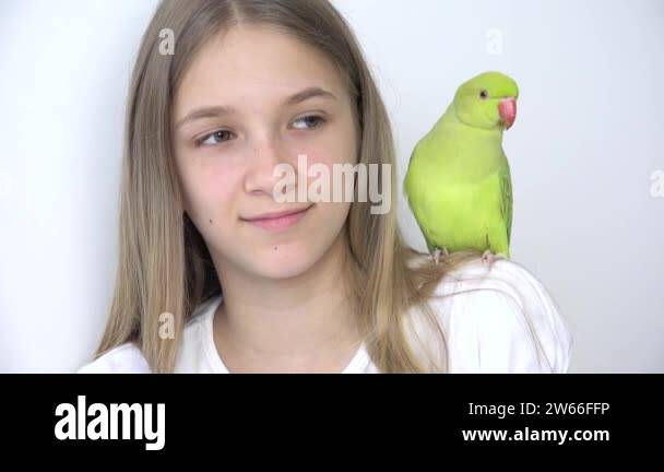 Child Talk Parrot, Happy Kid Playing her Pet, Girl Plays Bird at Home ...