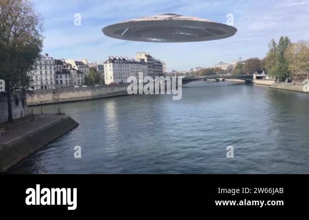 Large Flying saucer ufo over Paris seine river,live action footage with ...