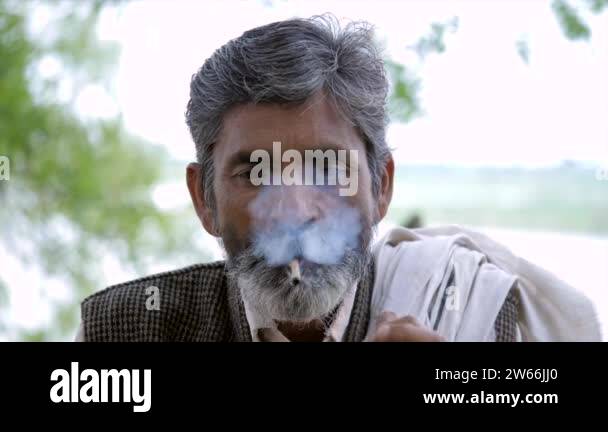An old man smoking a beedi - local form of a cigar leaf filled with ...