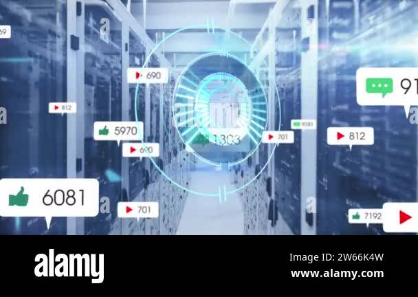 Animation of scope scanning over social media icons and servers. global connections, data ...