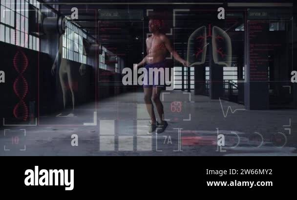 Animation of medical data processing over man jumping with jumping rope ...