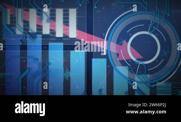 Animation of scope scanning with red arrow and statistics on blue background. digital interface ...