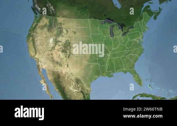 Kentucky state (USA) extruded on the satellite map of North America ...