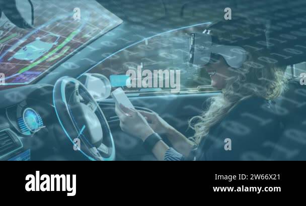 Animation of information displays with woman in vr headset using smartphone in self driving car ...