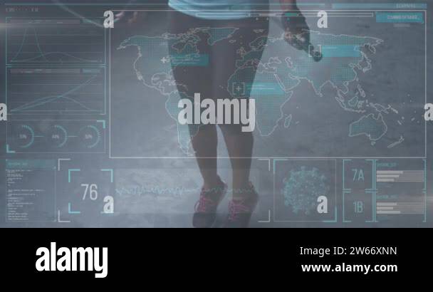 Animation of statistics and graphs over woman jumping the rope in an ...