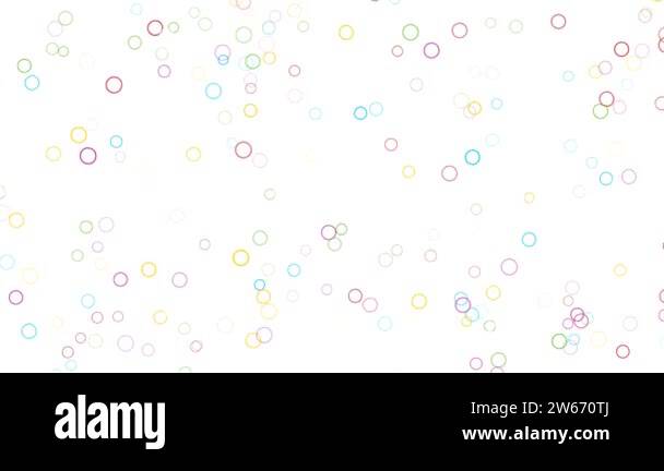 Many colorful bubbles, rings flying and moving up on white background ...
