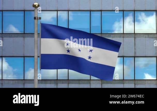 3D, Honduran flag waving on wind with modern skyscraper city. Close up ...