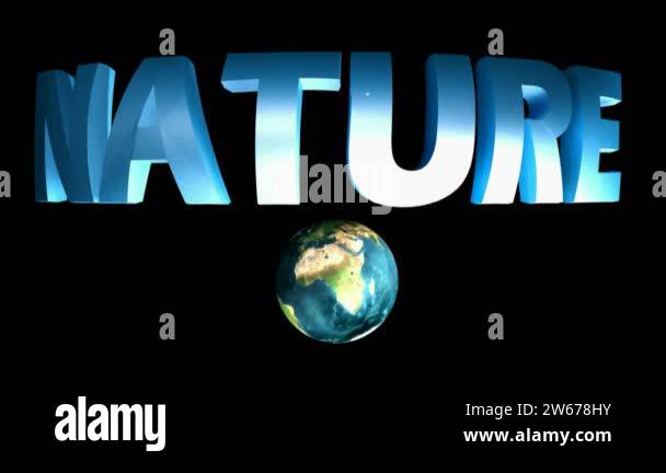 The write NATURE, in blue glossy letters, on black background, with ...